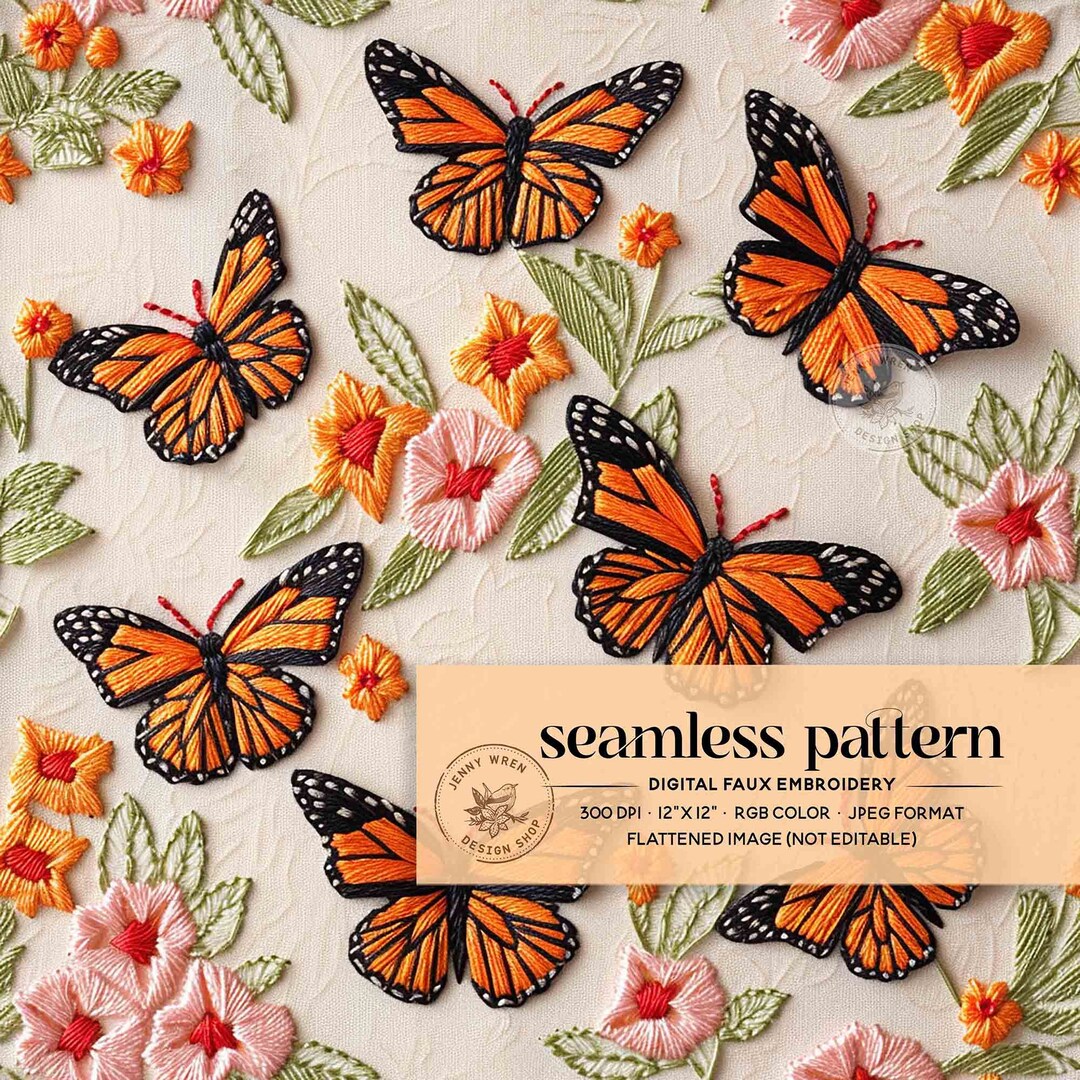 3D Floral Butterflies Faux Embroidery Seamless File, Boho Butterfly ...