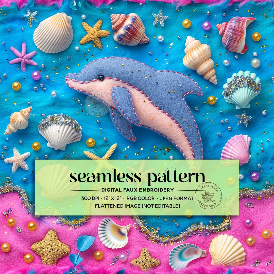 3D Summer Dolphin and Seashells Seamless Pattern, Cute Dolphin Faux ...
