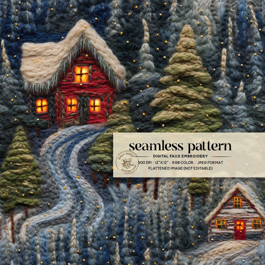 Vintage Christmas Village Seamless Pattern, Snowy Winter Night Faux ...