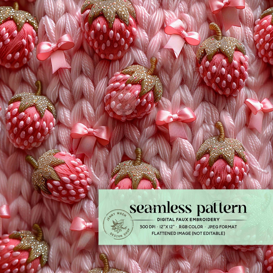 Strawberries and Pink Bows Faux Embroidery Seamless File, 3D Coquette ...