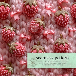 Strawberries and Pink Bows Faux Embroidery Seamless File, 3D Coquette ...
