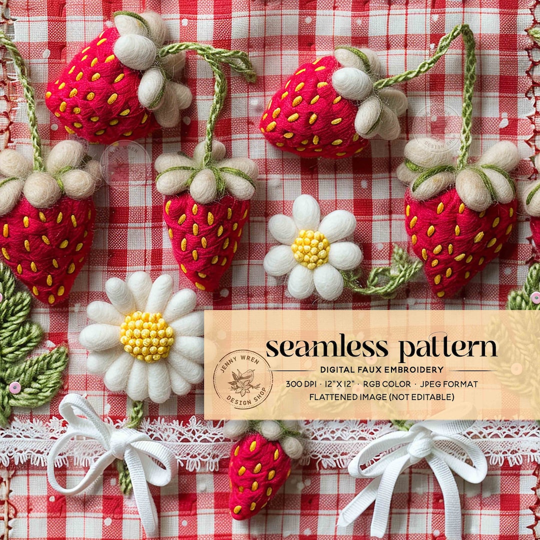 3D Strawberry Daisy Seamless Pattern, Summer Gingham Checkered ...