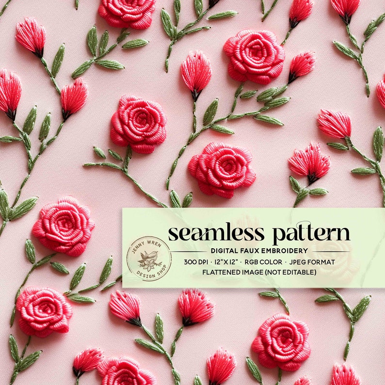 Valentine Roses Faux Embroidery Seamless File, Boho Valentines Floral ...