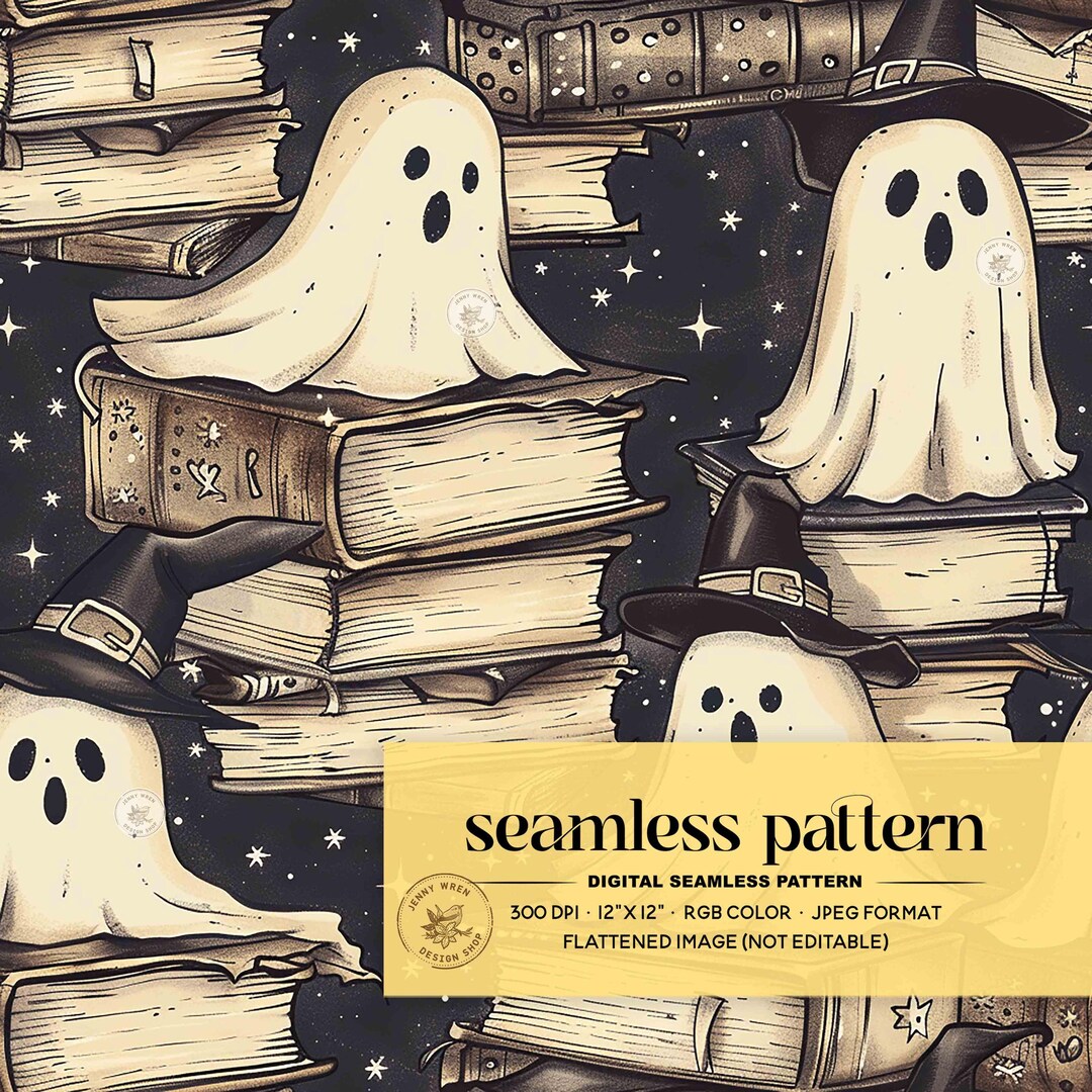 Retro Bookish Ghosts Seamless Pattern, Witchy Ghosts and Books Digital ...