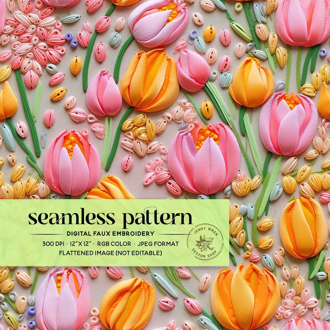 Spring Tulip Faux Embroidery Seamless Pattern, 3D Easter Floral ...