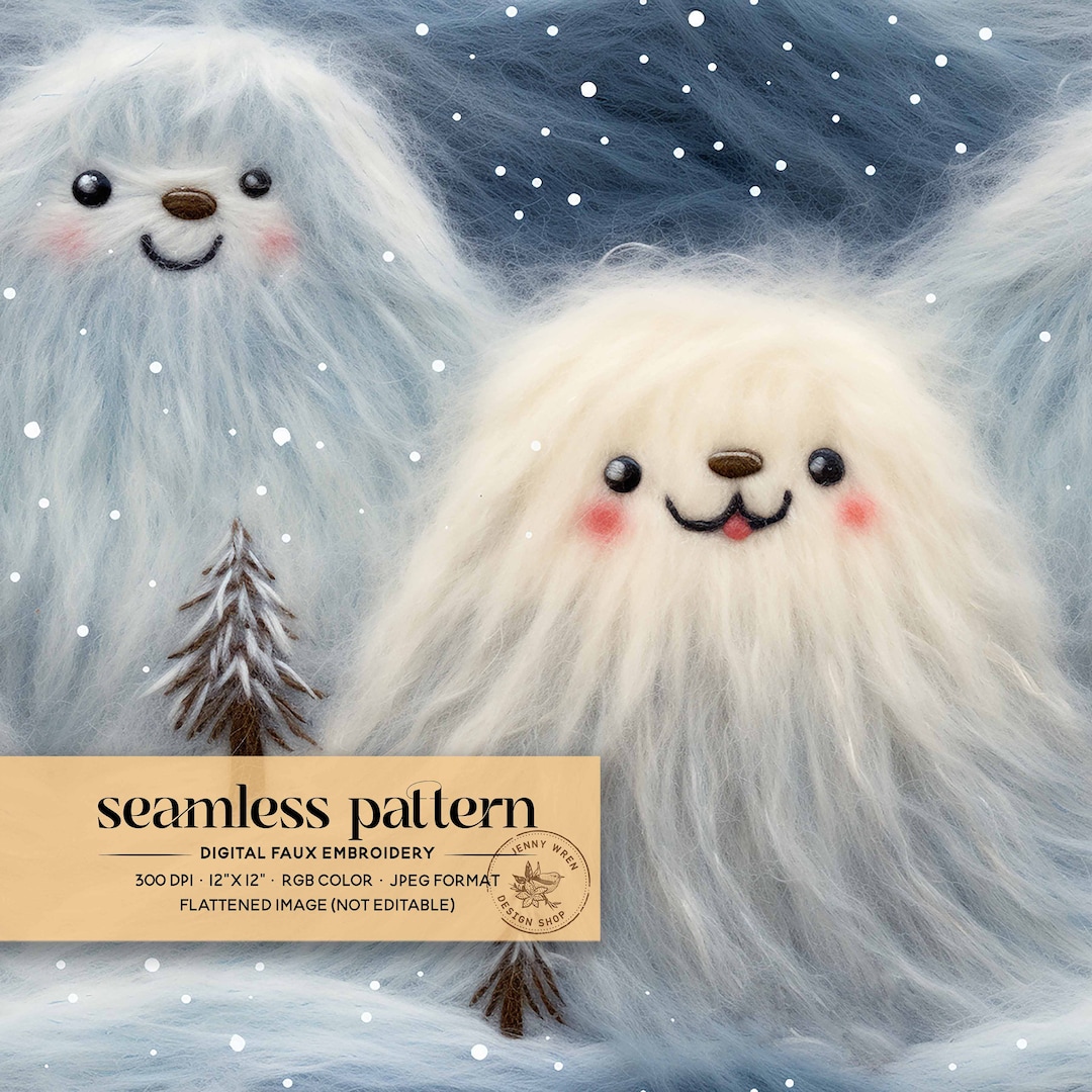 Snow Monster Yeti Faux Embroidery Seamless, Winter Wonderland Yeti ...