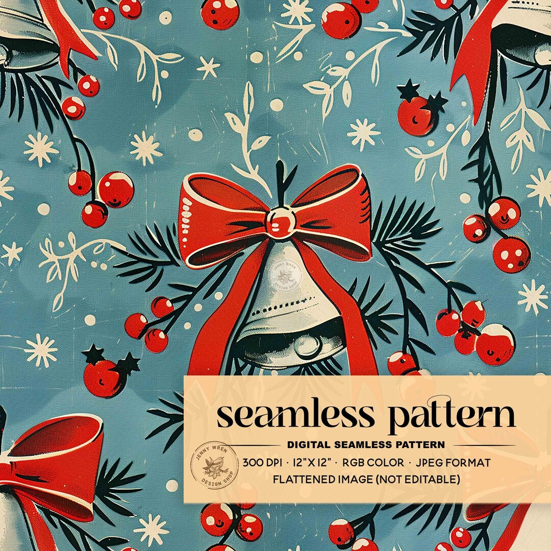 Red and Blue Christmas Bells Seamless Pattern File, Vintage Christmas ...
