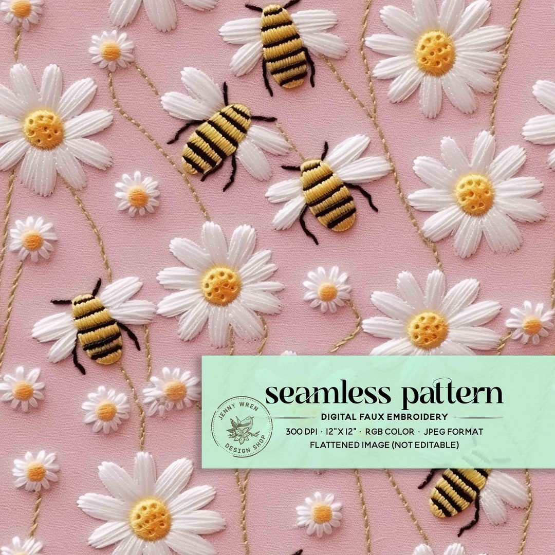 Floral Bees Faux Embroidery Seamless Pattern, Spring Daisy Bees Seamless File, 3D Pink Floral ...