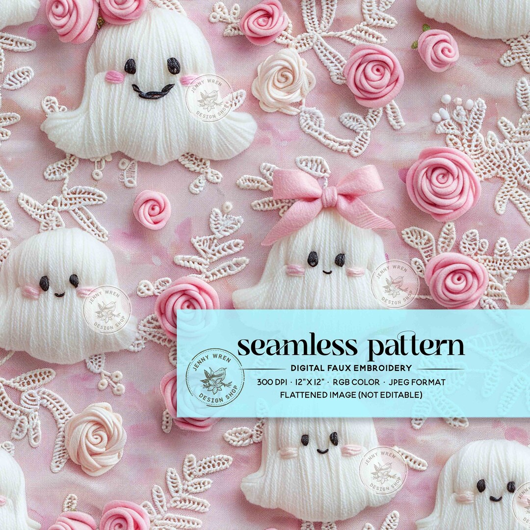 3D Coquette Ghost and Pink Bows Seamless Pattern, Floral Halloween Faux ...