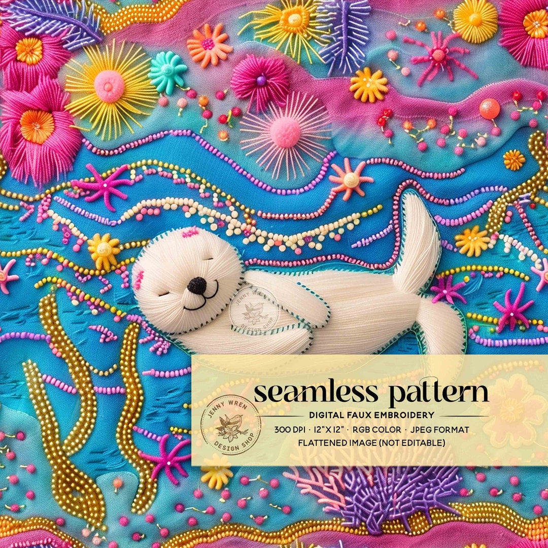 3D Cute Baby Otter Seamless Pattern, Preppy Summer Sea Otters Faux ...