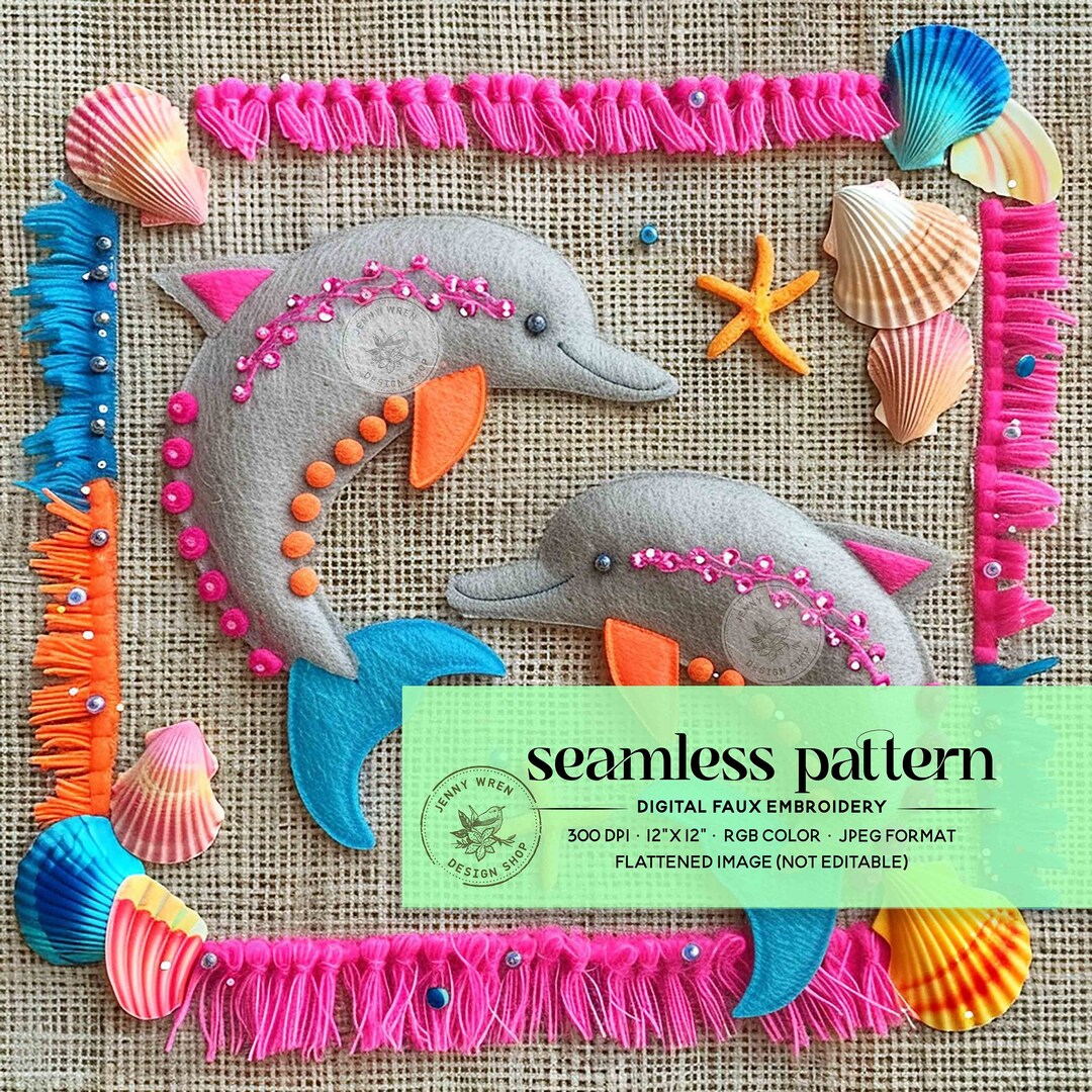 3D Cute Neon Dolphins Seamless Pattern, Summer Dolphins Faux Embroidery ...