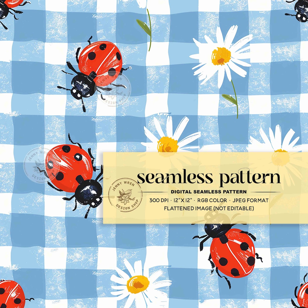 Lady Bugs and Daisies Seamless Pattern, Checkered Lady Bug Floral Seamless File, Blue Gingham ...