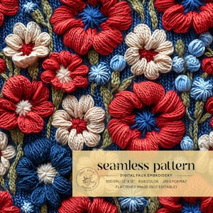 Fourth of July Floral Faux Embroidery Seamless Pattern, 3D Red White ...