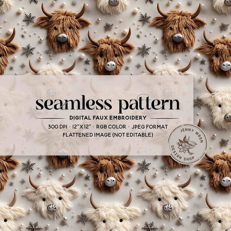 Christmas Highland Cow Seamless Pattern, Highland Cow Faux Embroidery ...