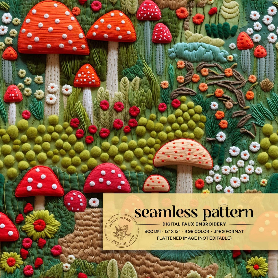 Mushroom Faux Embroidery Seamless Pattern, Floral Mushroom Seamless ...