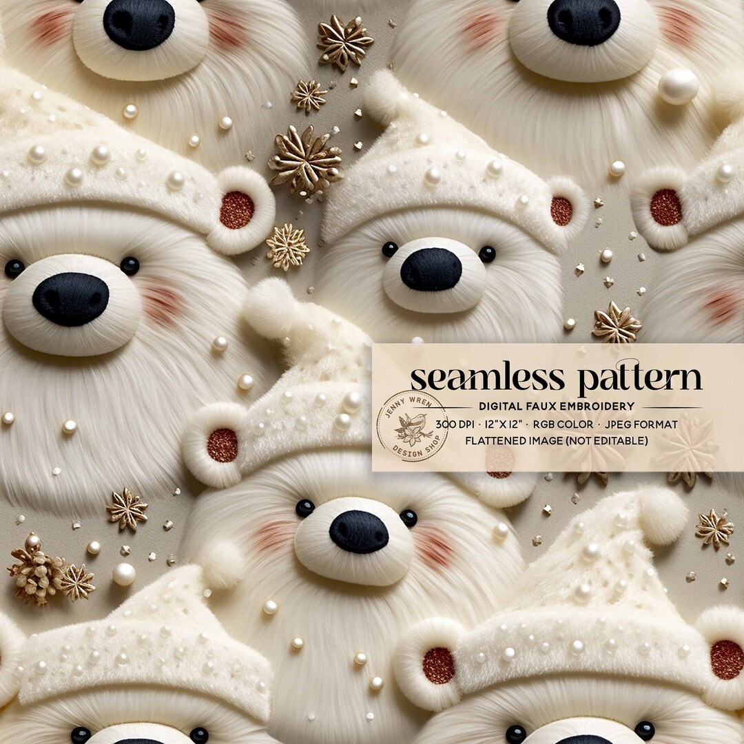 Christmas Polar Bear Seamless Pattern, Polar Bear Faux Embroidery ...