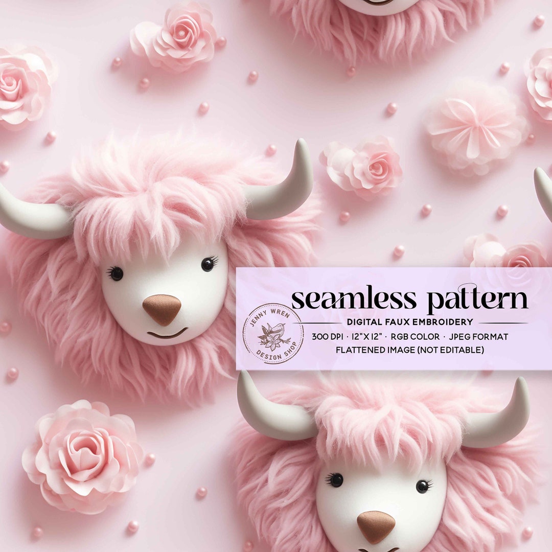 Highland Cow and Light Pink Roses Faux Embroidery Seamless, Valentines ...