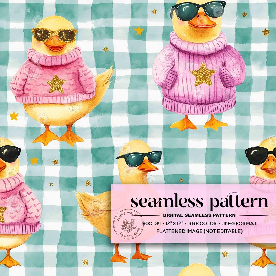 Vintage Cool Spring Ducks Seamless Pattern, Retro Easter Hipster Ducks ...