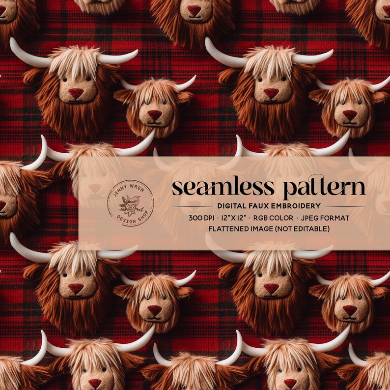 Red Plaid Highland Cow Seamless Pattern: Faux Embroidery (digital File ...