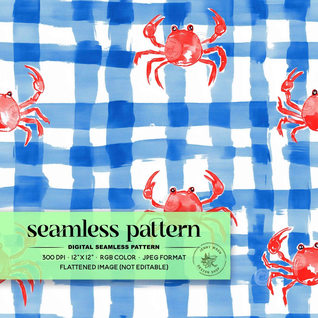 Red Crabs With Blue Gingham Seamless Pattern, Summer Beach Crabs ...