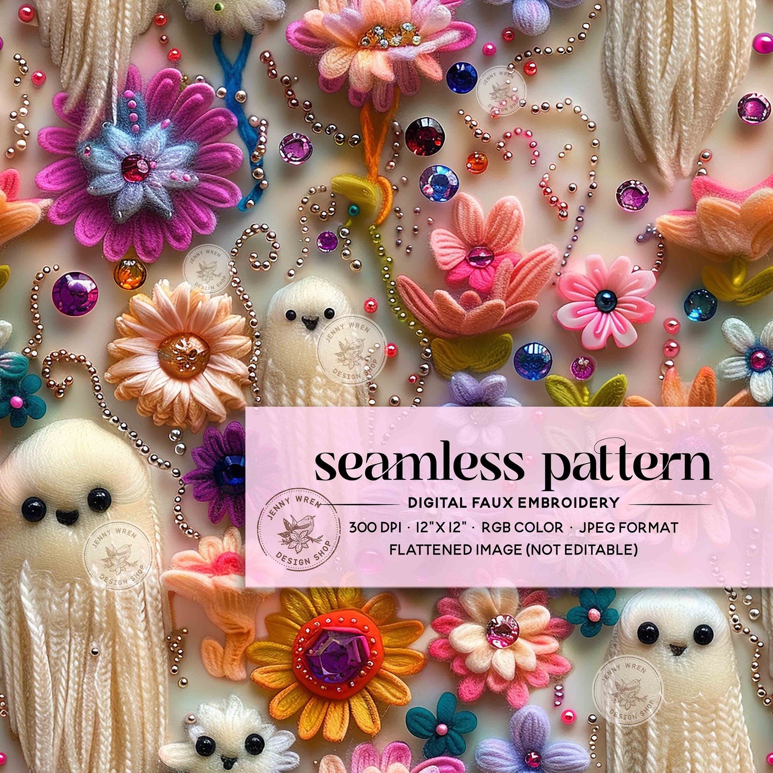 3D Ghosts and Flowers Seamless Pattern, Cute Floral Halloween Faux ...