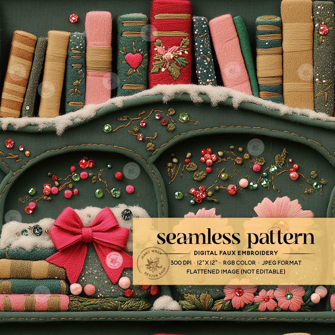 Retro Bookish Christmas Seamless Pattern, Coquette Christmas Bookshelf ...