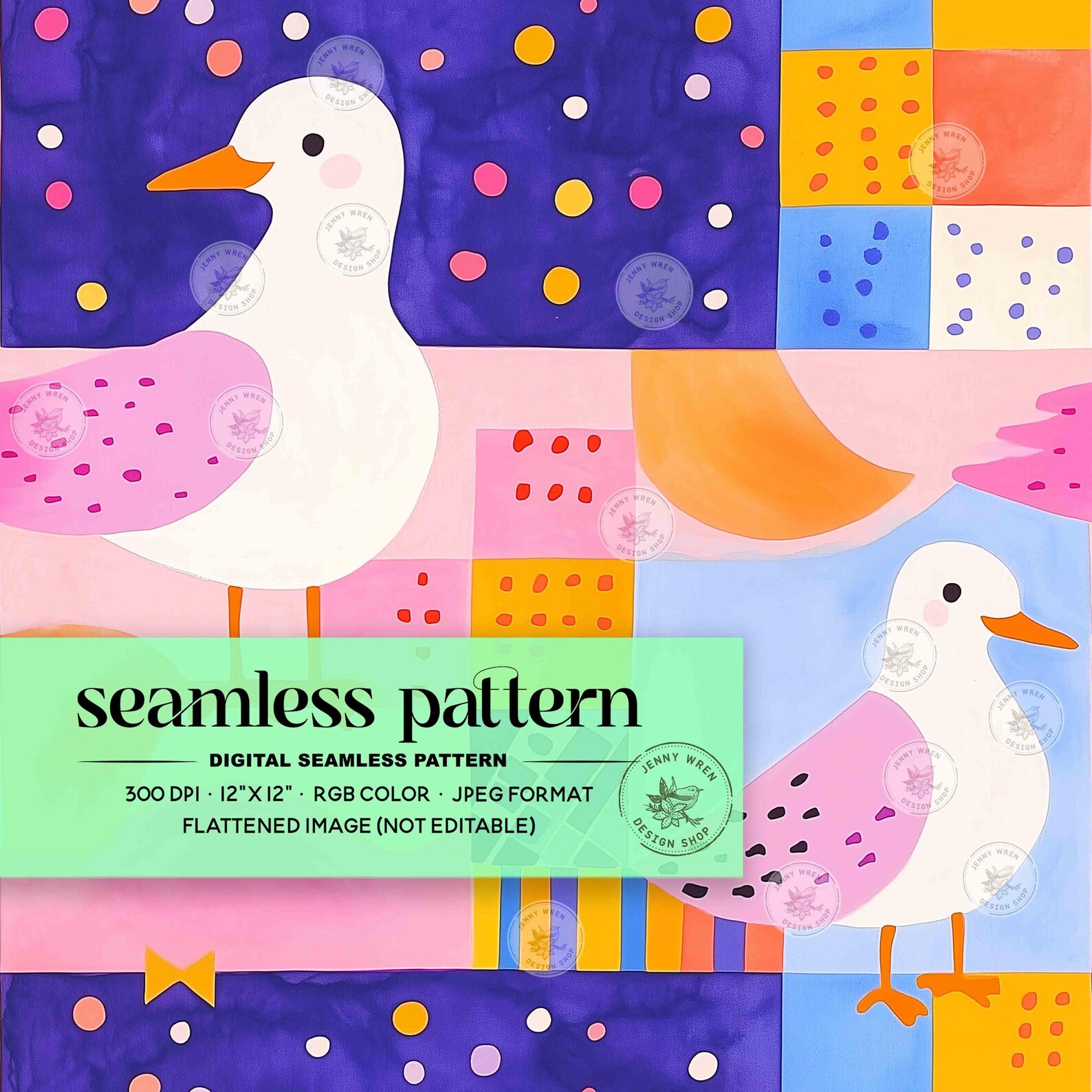 Retro Seagull Seamless Pattern: Preppy Summer Seaside Digital Paper ...