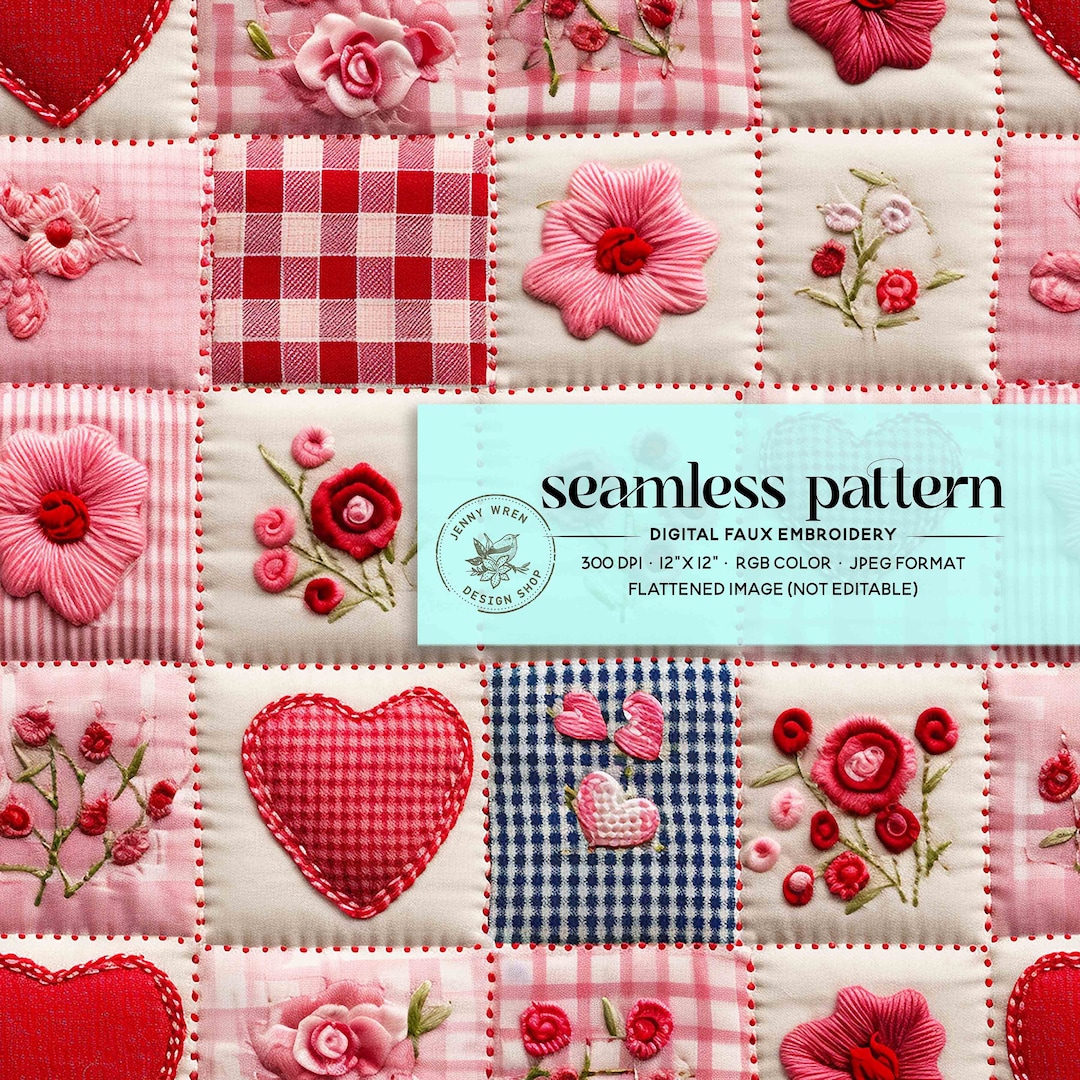 3D Valentine's Day Quilted Hearts Seamless File, Valentine Patchwork Seamless Pattern, Vintage ...