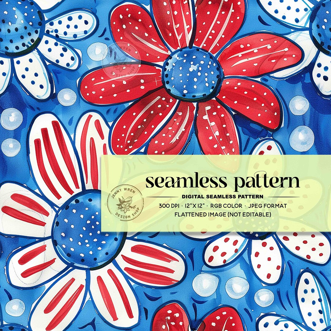 Red White and Blue Daisies Seamless Pattern, USA Patriotic Flowers ...