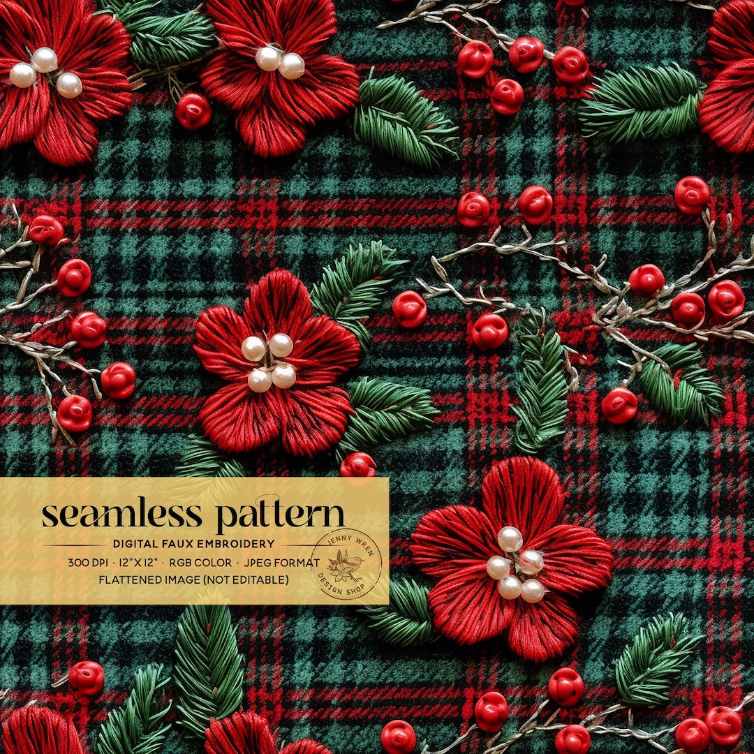 Christmas Green and Red Plaid Seamless Pattern, Christmas Red Flower ...
