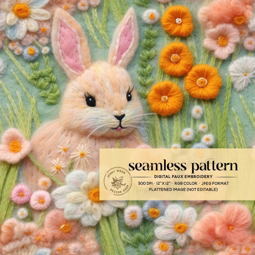 Pastel Easter Bunny Faux Embroidery Seamless Pattern, Cute Spring Baby ...