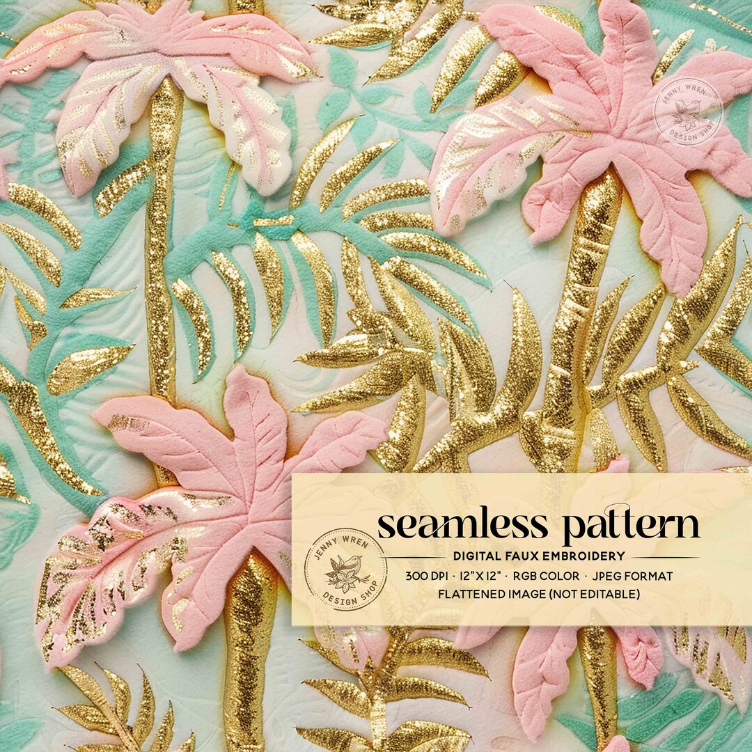 Pale Pink and Gold Palm Trees Seamless Pattern, 3D Tropical Palm Trees ...