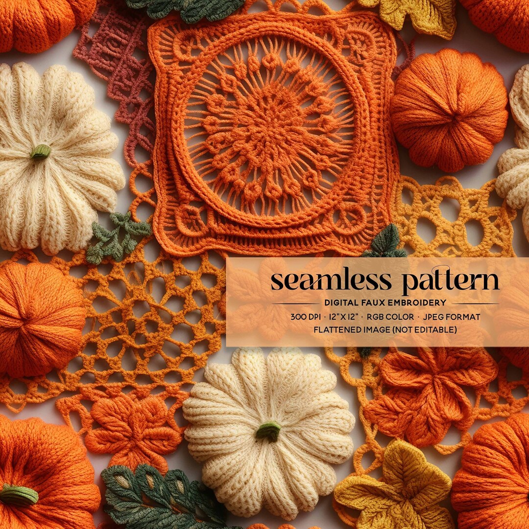 Vintage Pumpkin Faux Embroidery Seamless, Vintage Fall Faux Crochet ...