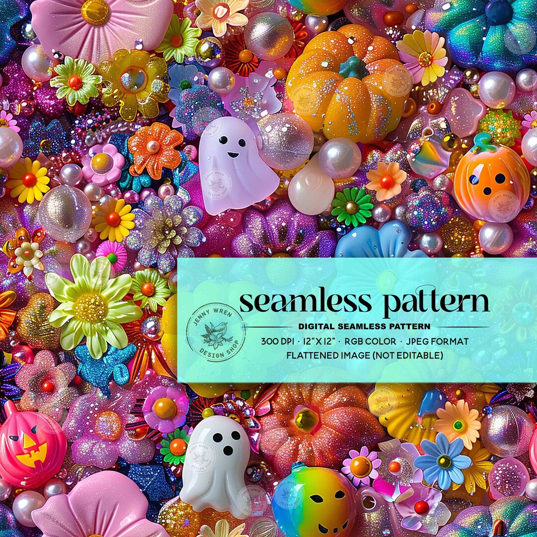 3D Neon Floral Ghosts Seamless Pattern, Ghost Glitter Sequin Digital ...