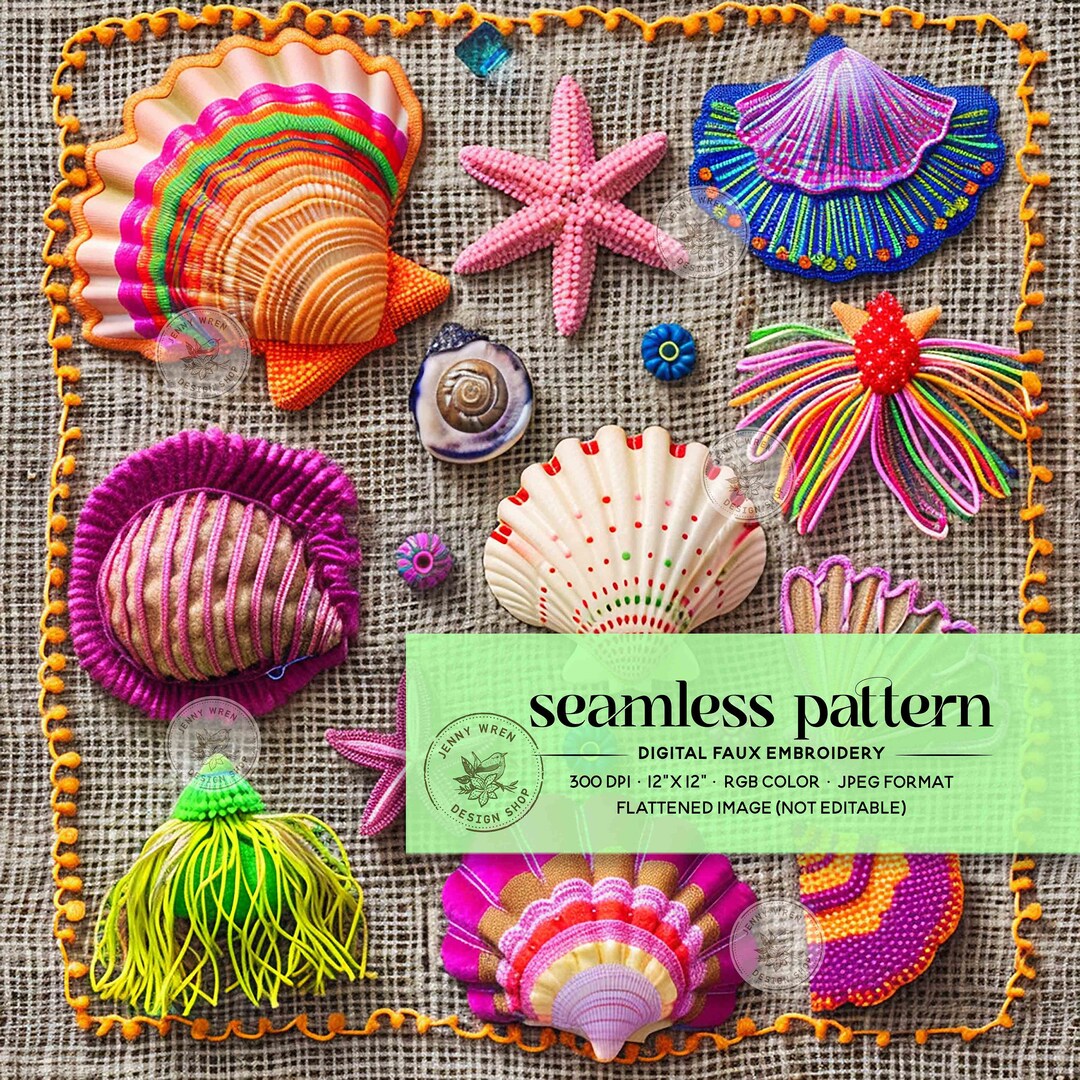 3D Funky Neon Seashells Seamless Pattern, Preppy Summer Beach Faux ...