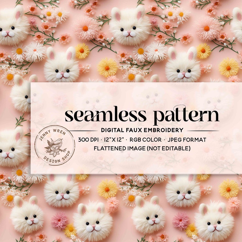 Cute Floral Easter Bunny Faux Embroidery Seamless File, 3D Spring Bunny ...