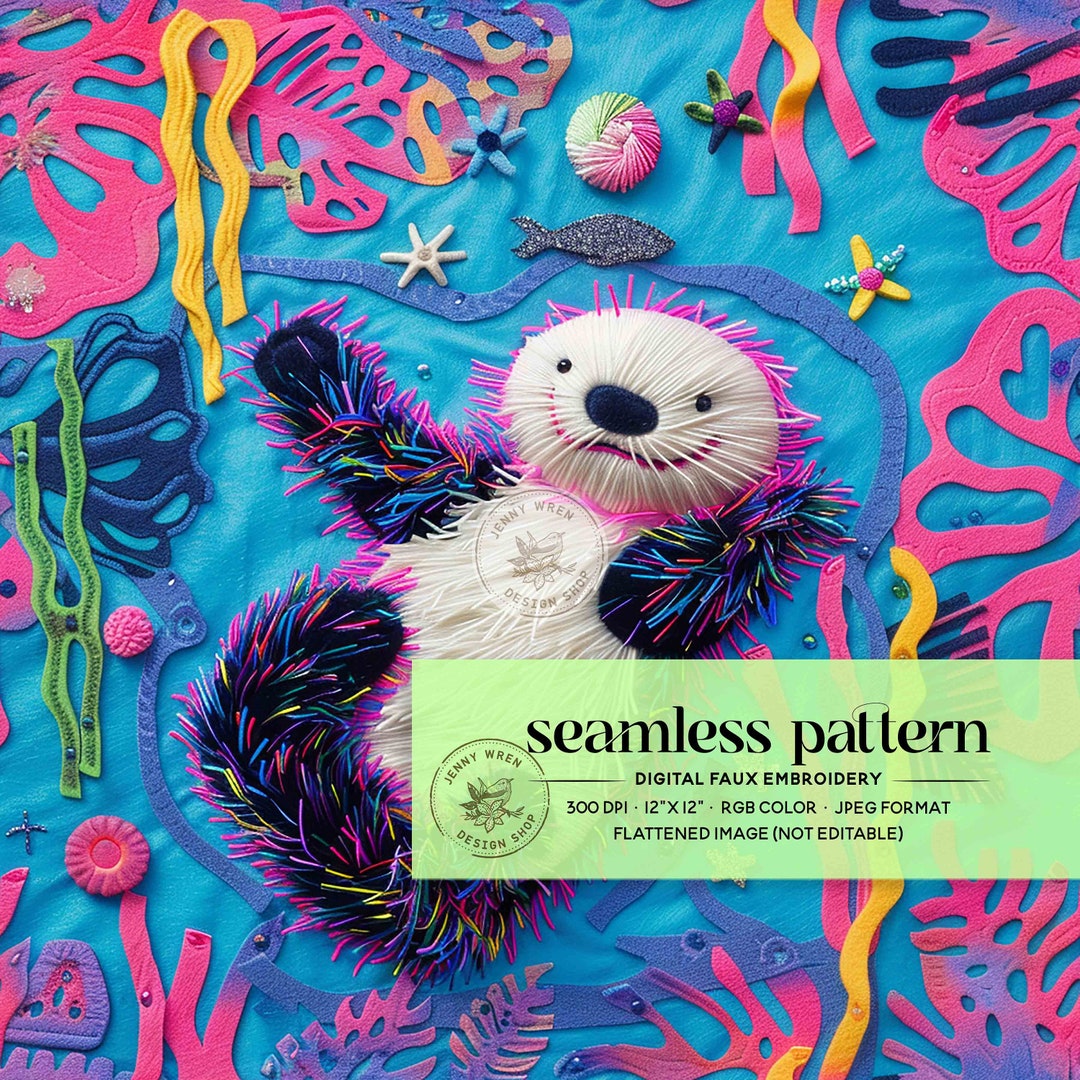 Cute Otter Seamless Pattern, Preppy Summer Sea Otters Faux Embroidery ...