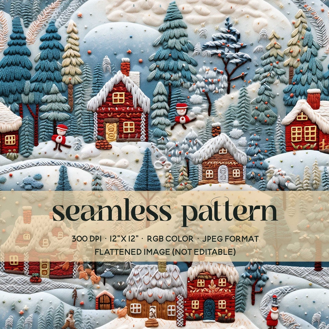 Christmas Village Digital Paper, Winter Night Embroidery Seamless ...