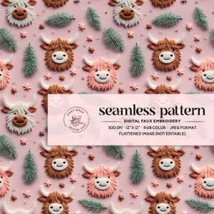 Cute Christmas Highland Cow Digital Paper, Pastel Highland Cow Faux ...