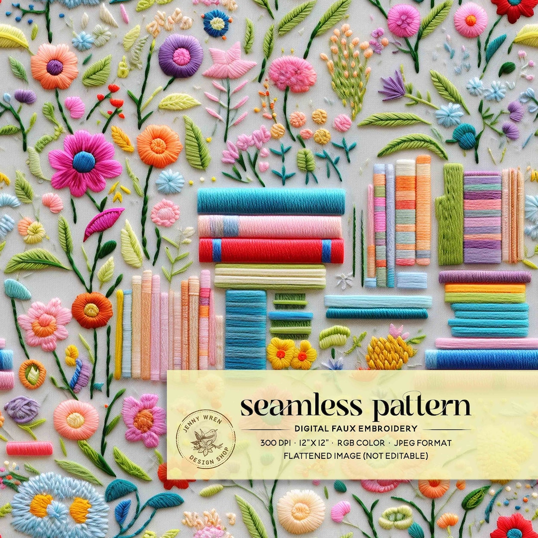 Floral Books Faux Embroidery Seamless Pattern, Book Lover Seamless ...