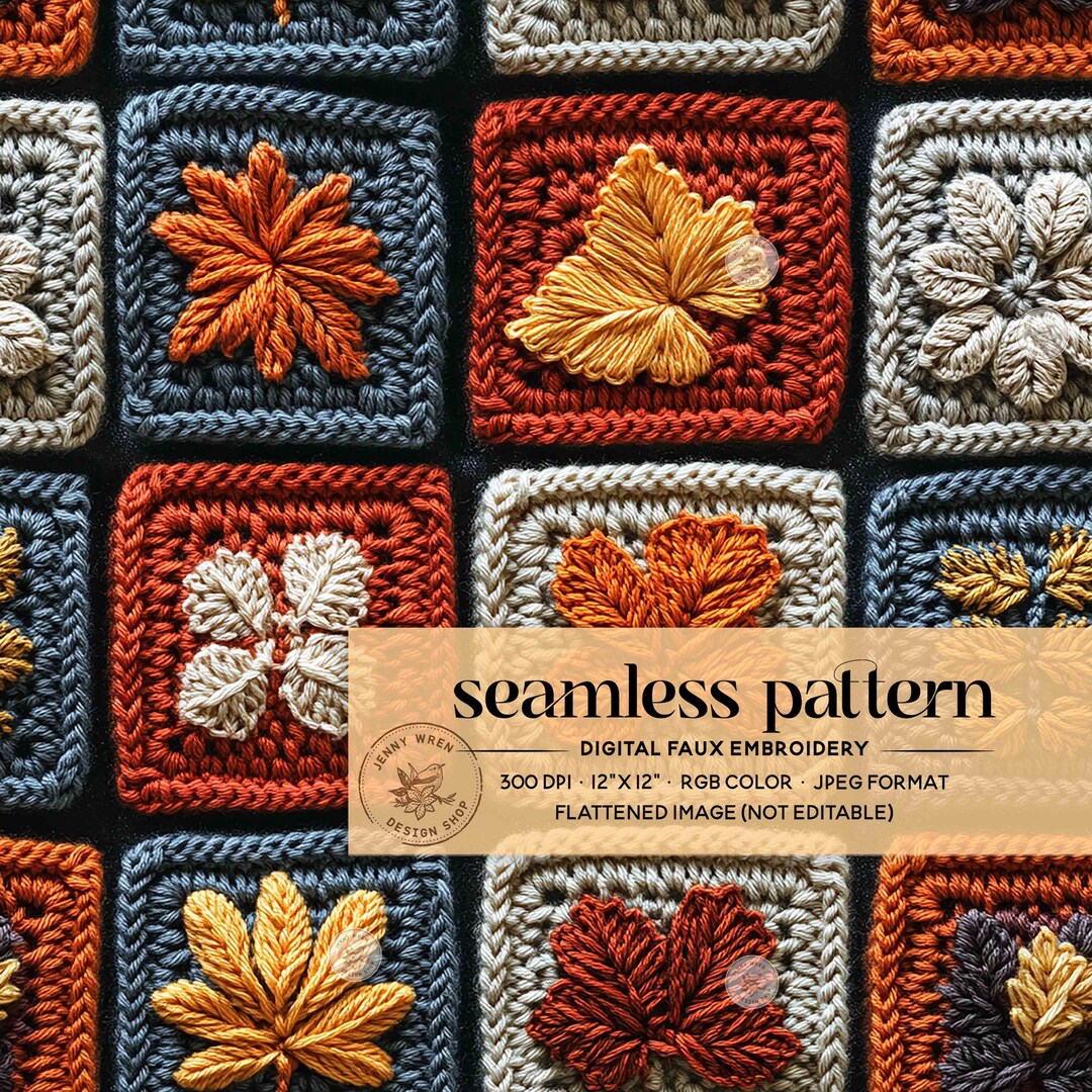 Boho Fall Autumn Leaves Seamless Pattern, Fall Leaves Granny Square ...