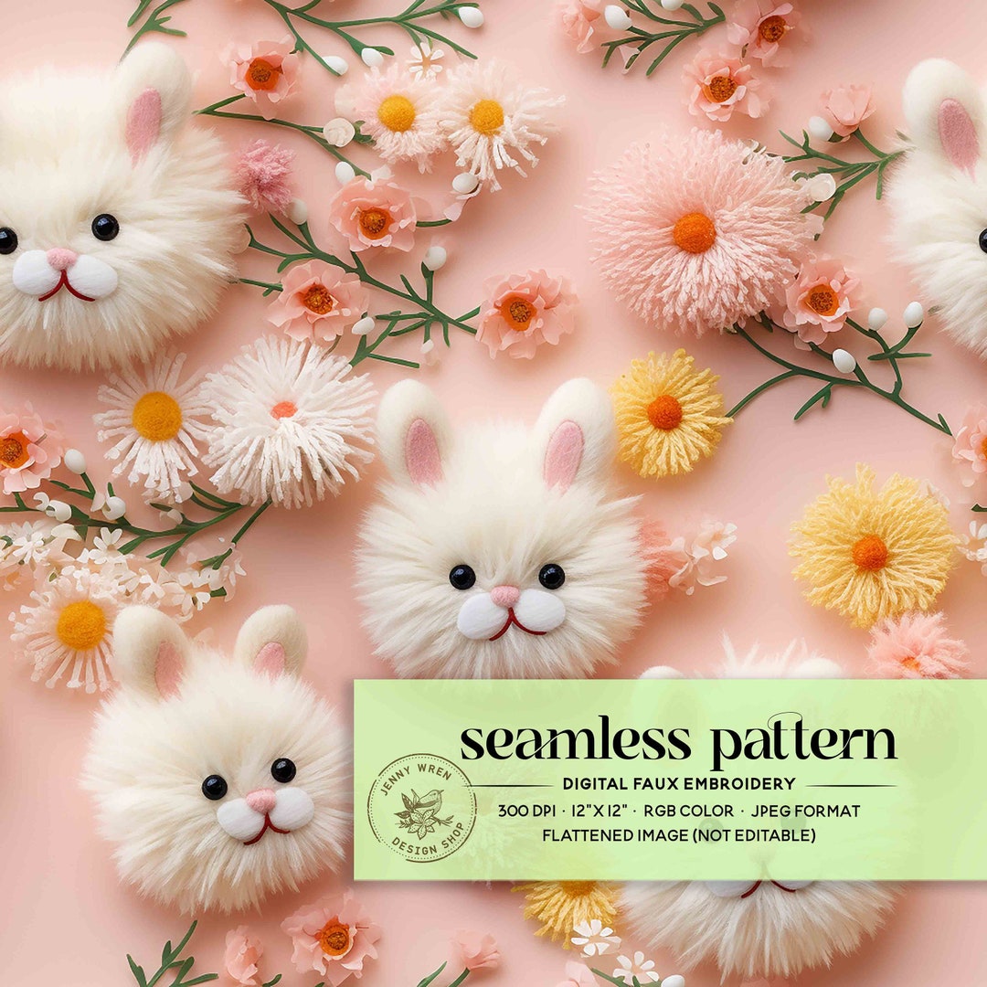 Cute Floral Easter Bunny Faux Embroidery Seamless File, 3D Spring Bunny ...