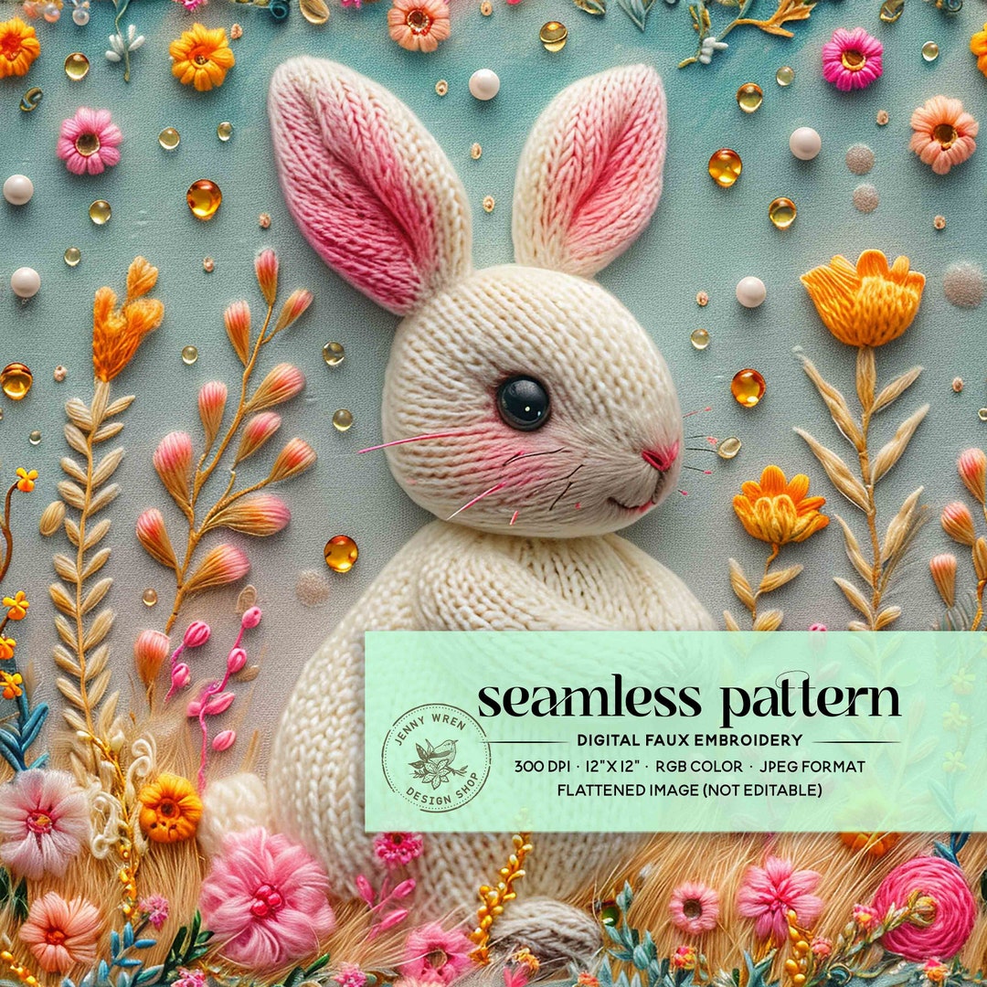 Cute Easter Bunny and Flowers Embroidery Seamless File, 3D Spring Bunny ...