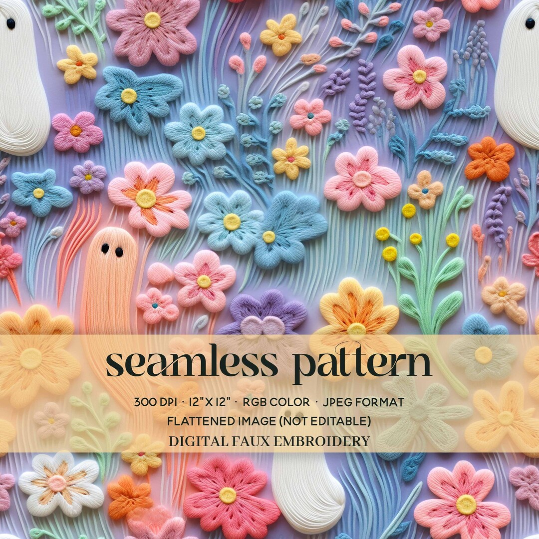 Pastel Ghost Embroidery Seamless, Pastel Halloween Seamless Pattern ...