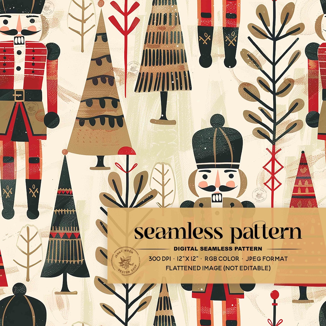 Vintage Christmas Nutcracker Seamless Pattern, Boho Retro Christmas Nutcracker Repeating File ...