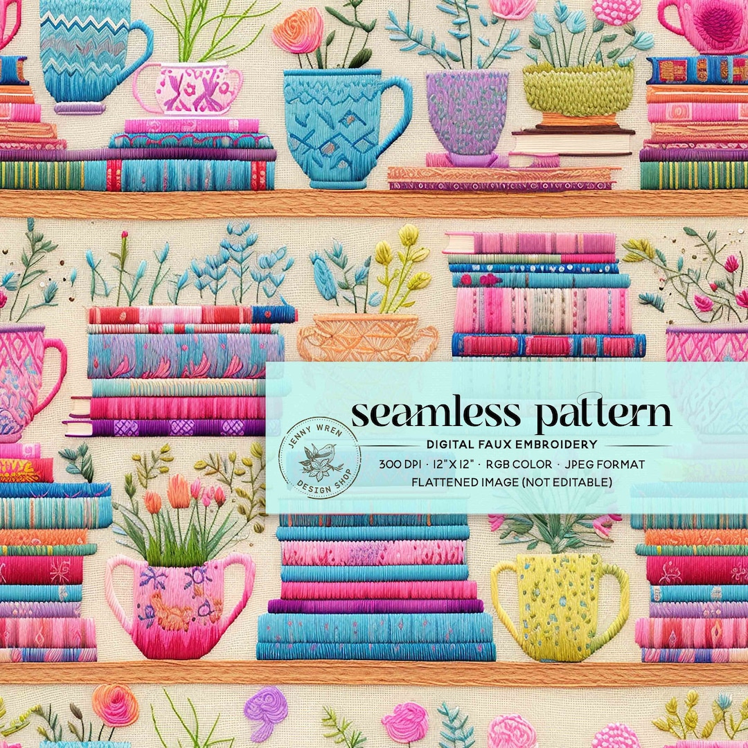 Bright Floral Books Faux Embroidery Seamless Pattern, Book Lover ...