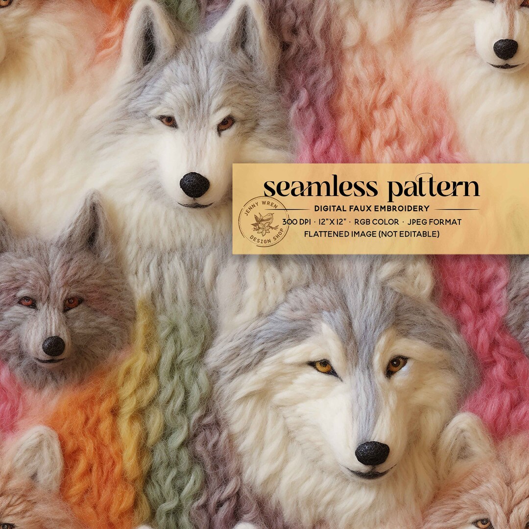 Pastel Wolf Seamless Pattern, Winter Wolves Faux Embroidery Seamless ...