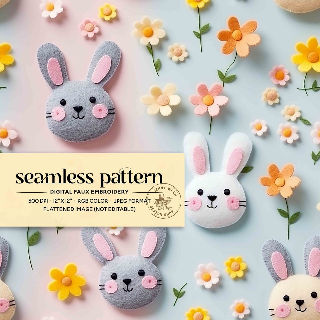 Floral Easter Bunny Faux Embroidery Seamless File, 3D Cute Pastel ...
