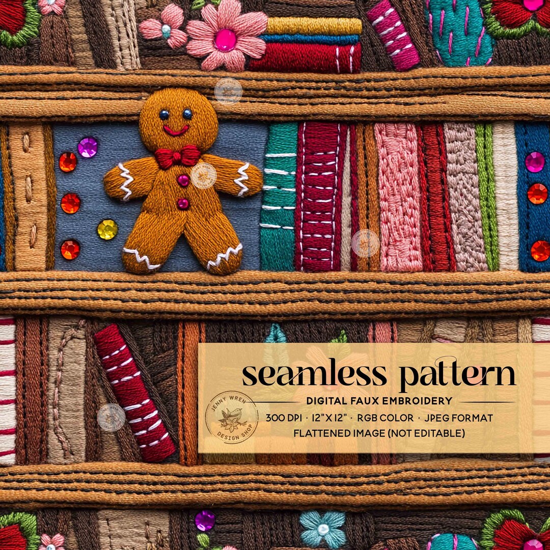 Book Lover Gingerbread Man Seamless Pattern, Christmas Bookshelf Faux ...