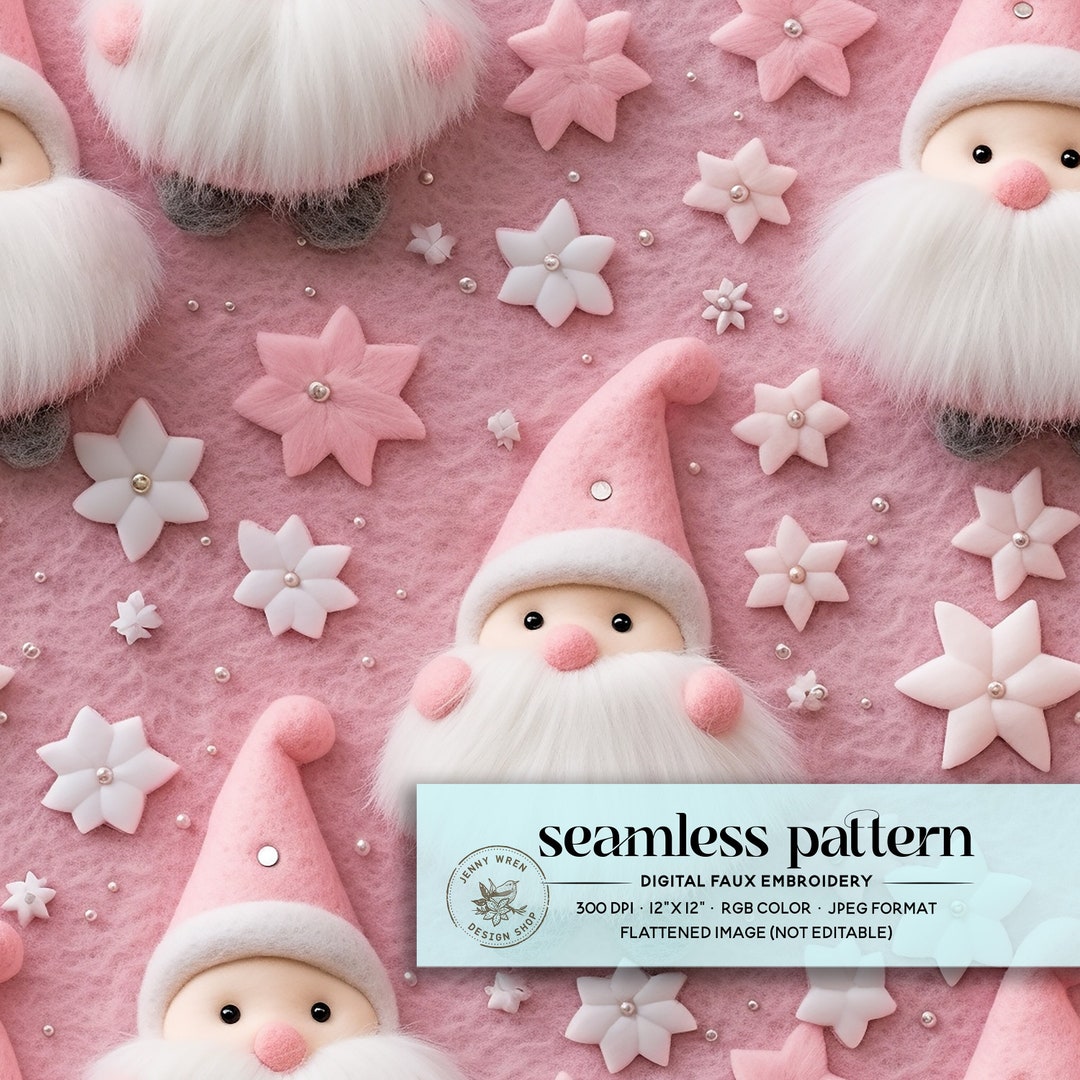 Pink Christmas Gnomes Seamless Pattern, Xmas Gnome Faux Embroidery ...